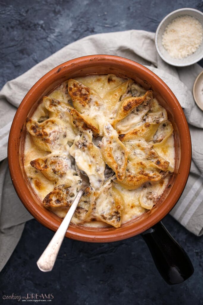 Mushroom and Ham Stuffed Shells - Cooking My Dreams